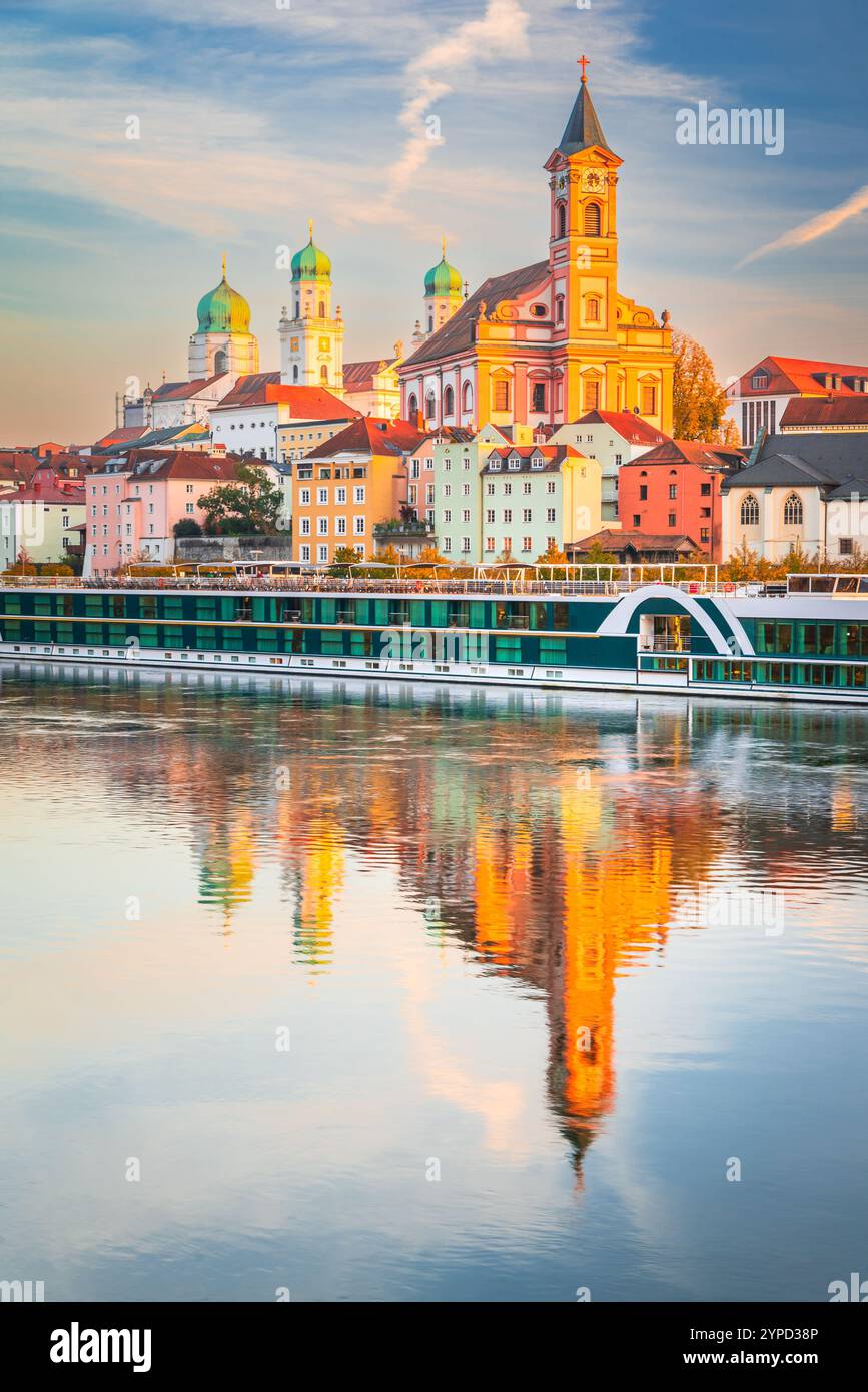 Passau, Germany. Beautiful sunset colors with old town Danube River ...