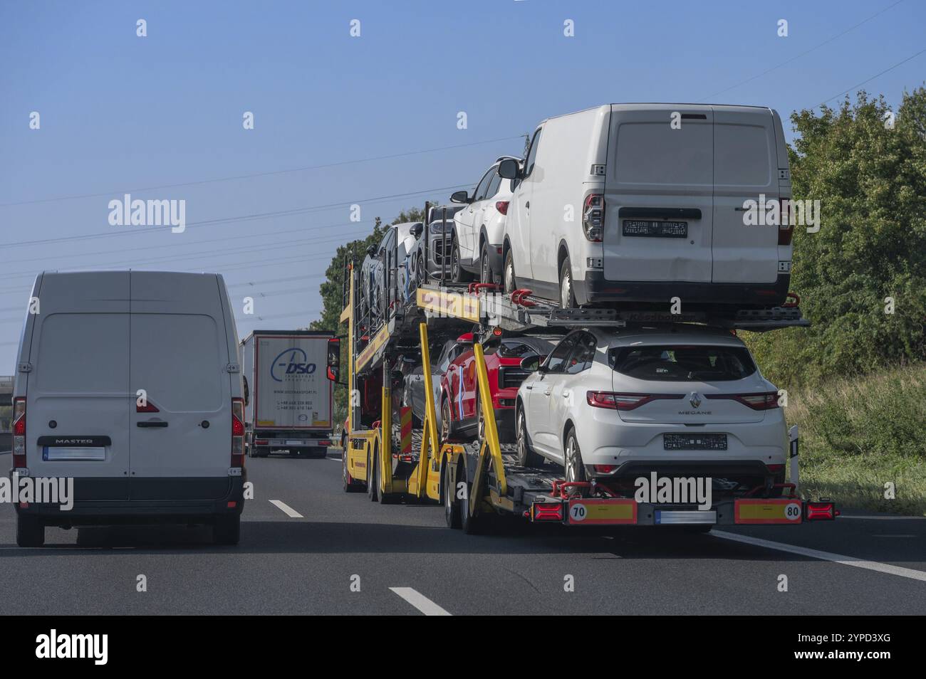 Car transporter on the A6 motorway, Nuremberg-Heilbronn, Bavaria ...