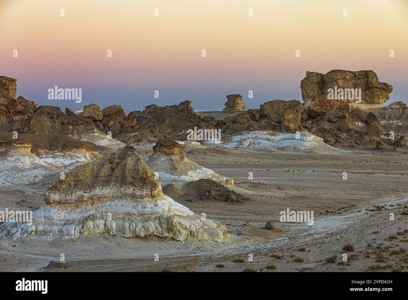 Eroded rock formations on a fossilised reef edge, at blue hour, Huqf ...