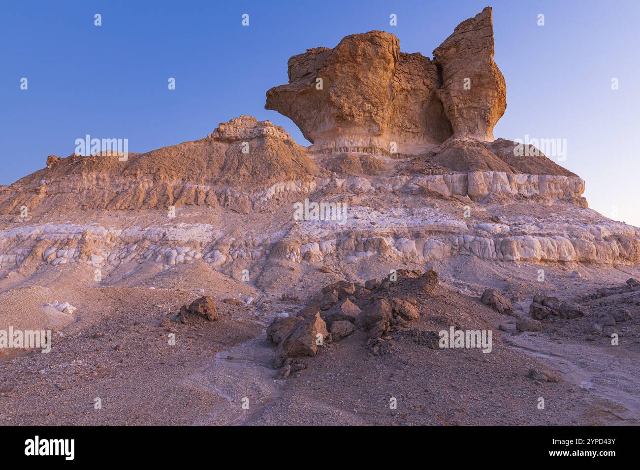Eroded rock formations on a fossilised reef edge, at blue hour, Huqf ...