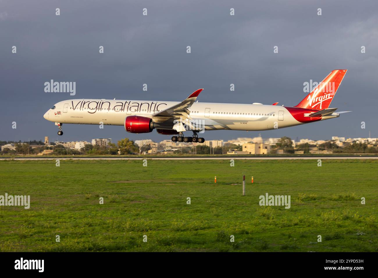 Virgin Atlantic Airways Airbus A350-1041 (REG: G-VEVE) arriving in the sunset for servicing at ...
