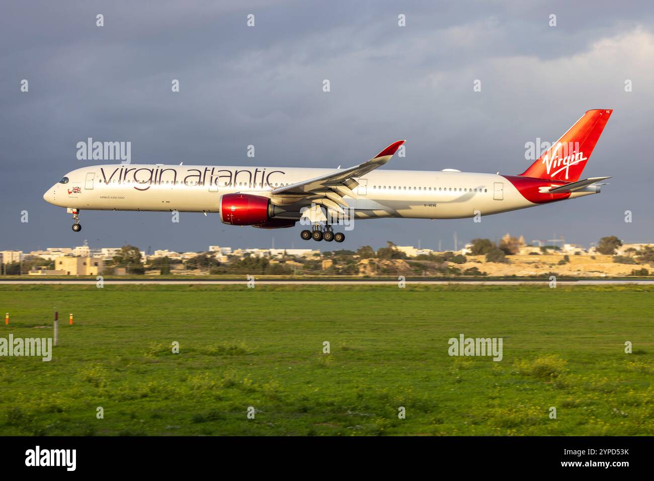 Virgin Atlantic Airways Airbus A350-1041 (REG: G-VEVE) arriving in the sunset for servicing at ...