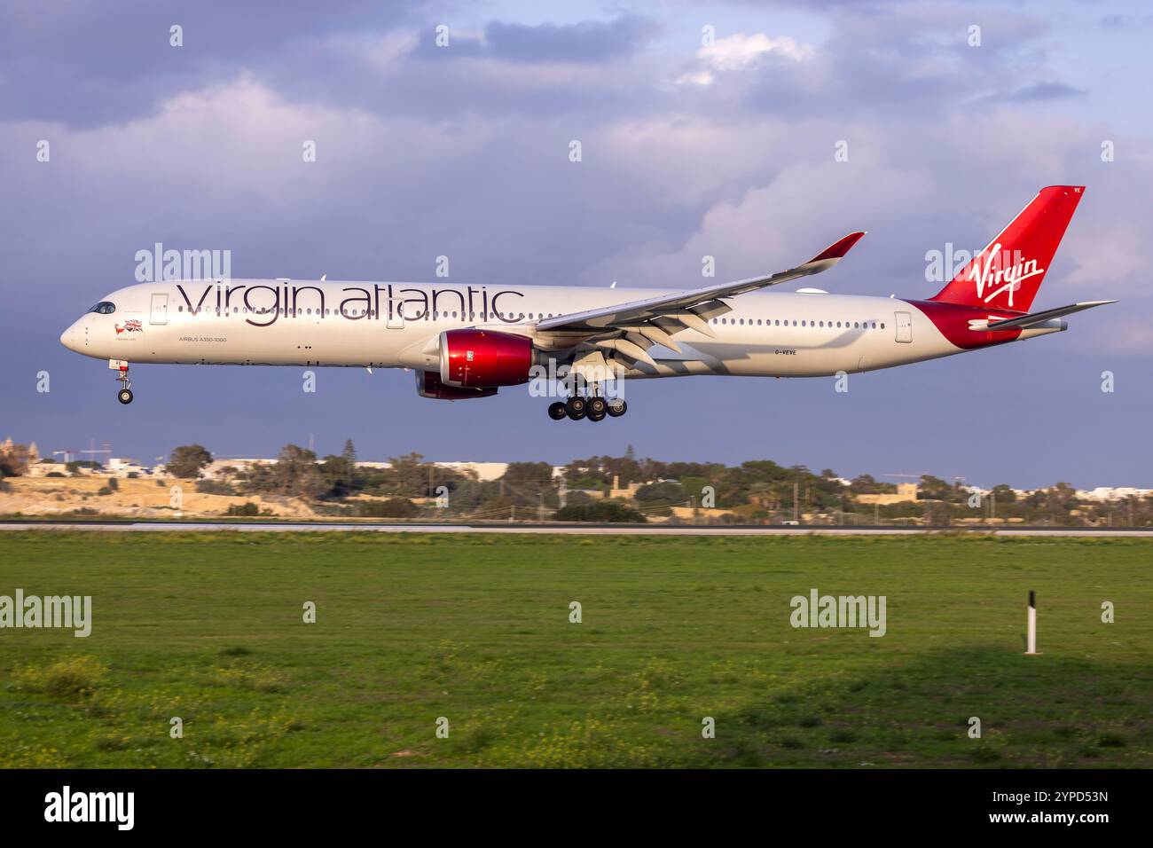 Virgin Atlantic Airways Airbus A350-1041 (REG: G-VEVE) arriving in the sunset for servicing at ...
