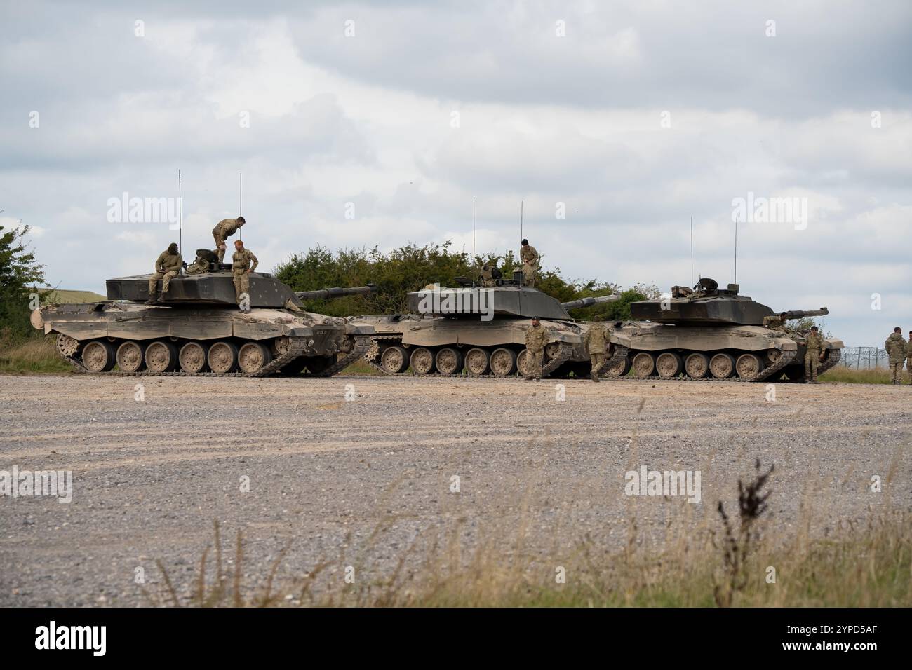 three parked British Army Challenger ii 2 FV4034 Main Battle Tanks on a ...