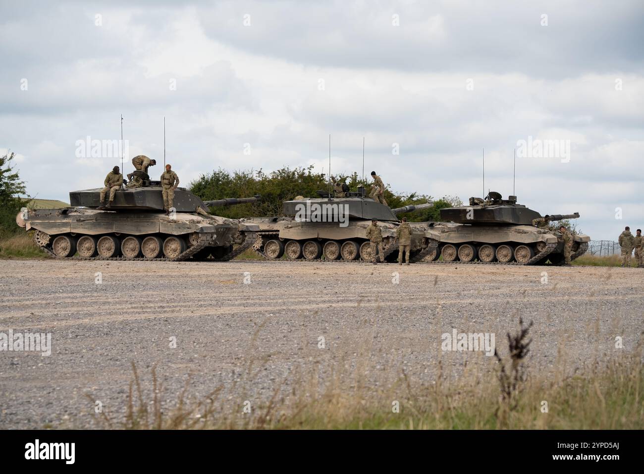 three parked British Army Challenger ii 2 FV4034 Main Battle Tanks on a ...