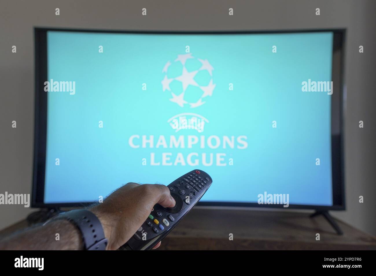 May 14, 2024, Brazil. In this photo illustration, a hand holding a TV ...