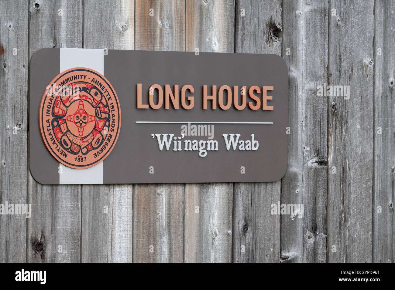 Alaska, Annette Island, Metlakatla. Traditional long house representing ...