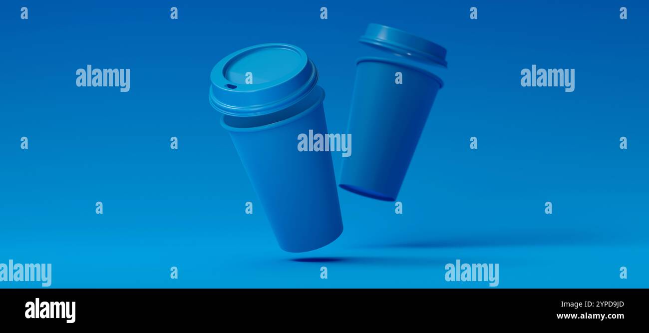 Two Minimalist Blue Blank Paper Coffee Cup with open lid floating above ...
