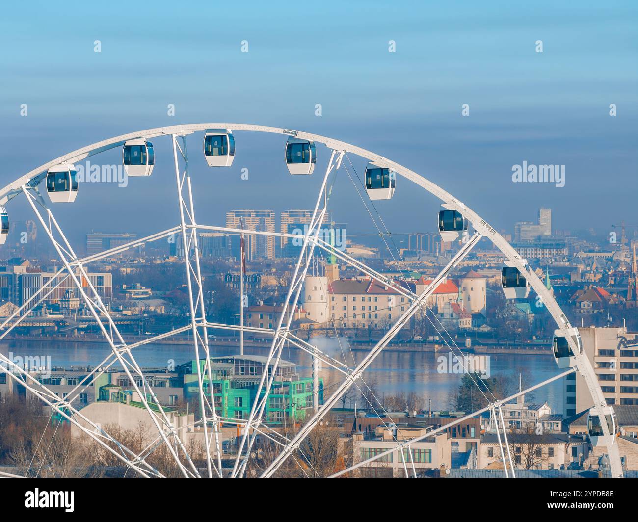 Morning Aerial View of Ferris Wheel and Riga Old Town Skyline Stock ...