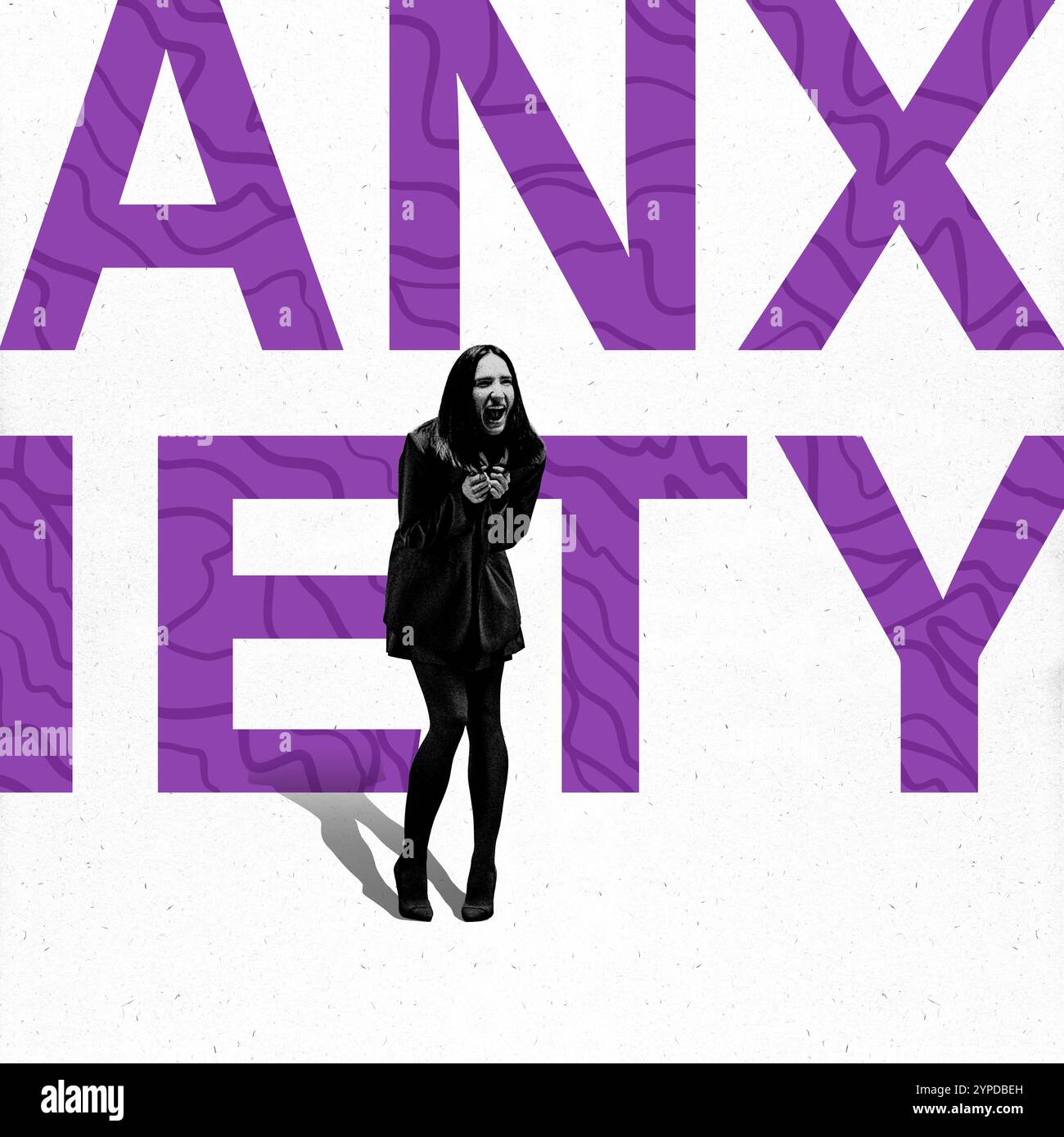 Depiction of anxiety, distressed woman screaming in front of bold ...