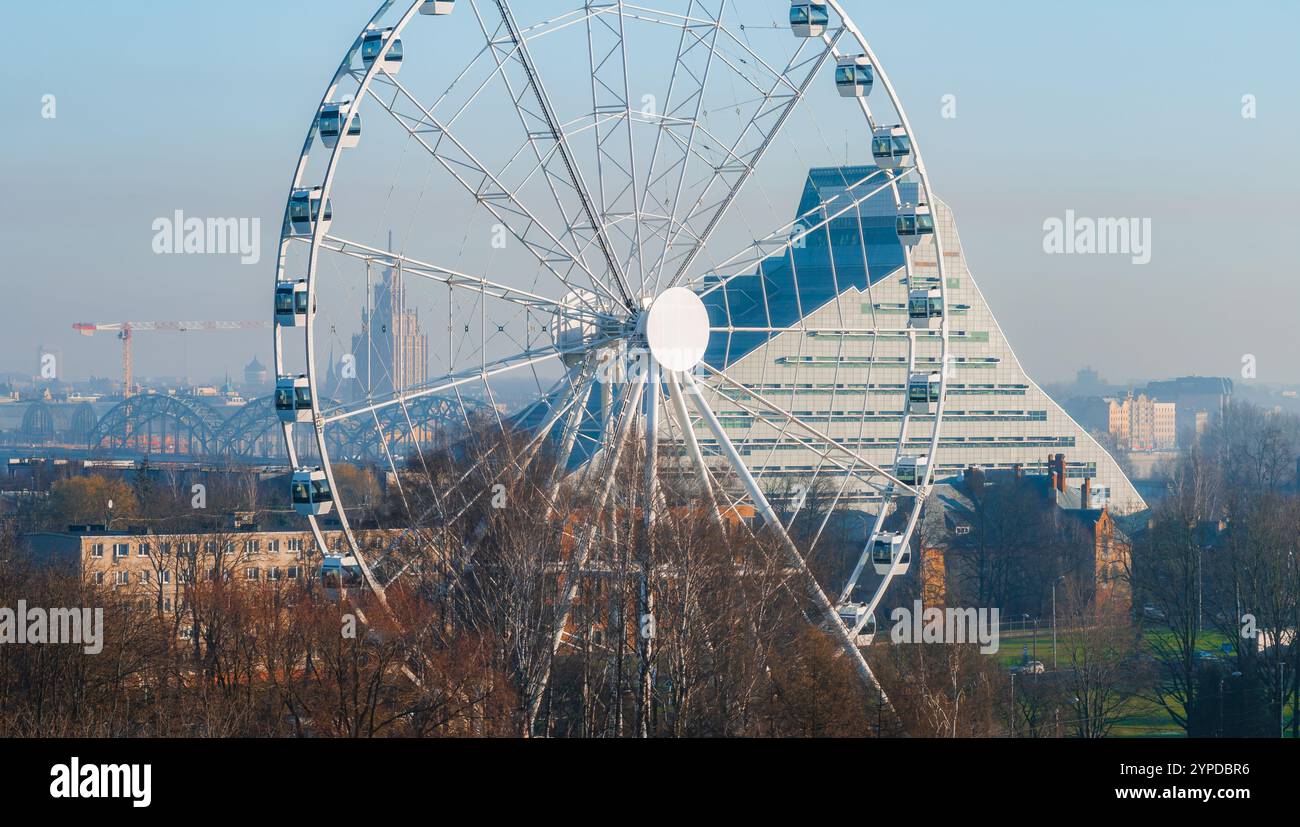 The image shows a Ferris wheel in Victory Park, Riga, with the National ...