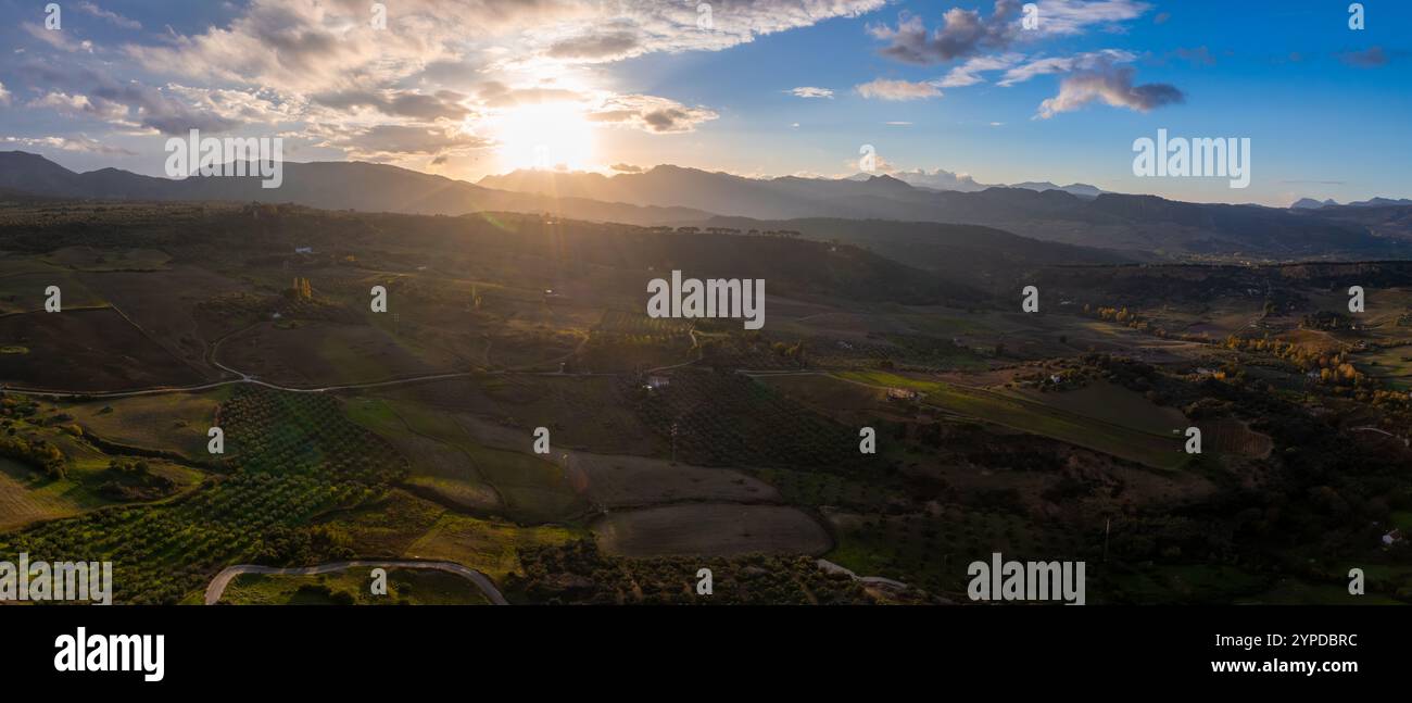 Aerial View of Ronda's Landscape at Sunset with Mountain Silhouette ...