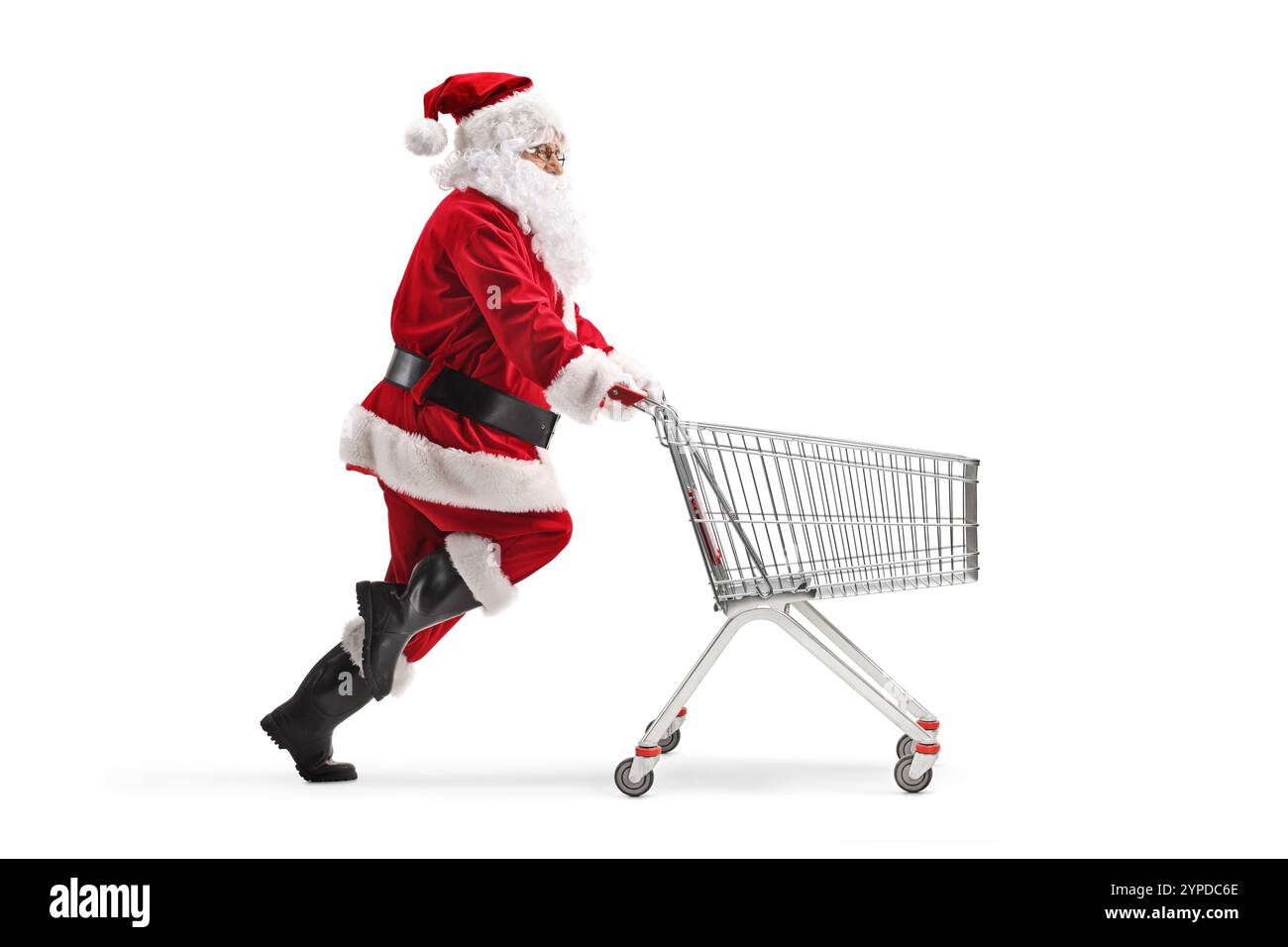 Santa Claus running and pushing a shopping cart isolated on white ...