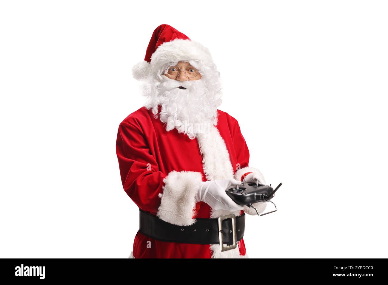 Santa claus holding a remote controller for a drone isolated on white ...