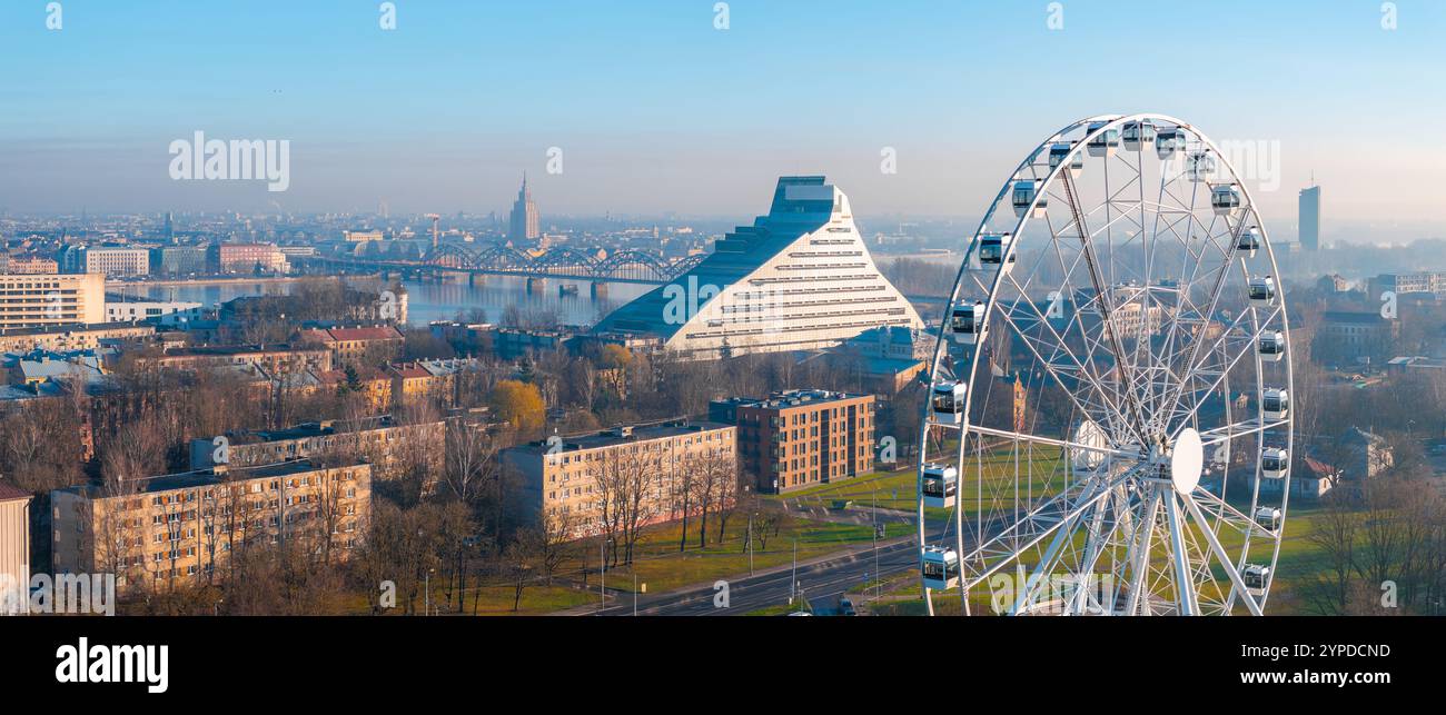 Aerial View of Riga Featuring Ferris Wheel and National Library Stock ...