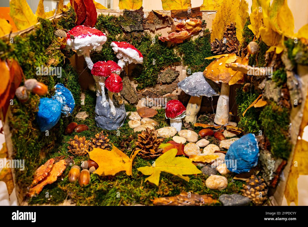 Autumn still life with mushrooms, leaves and moss. Miniature forest ...