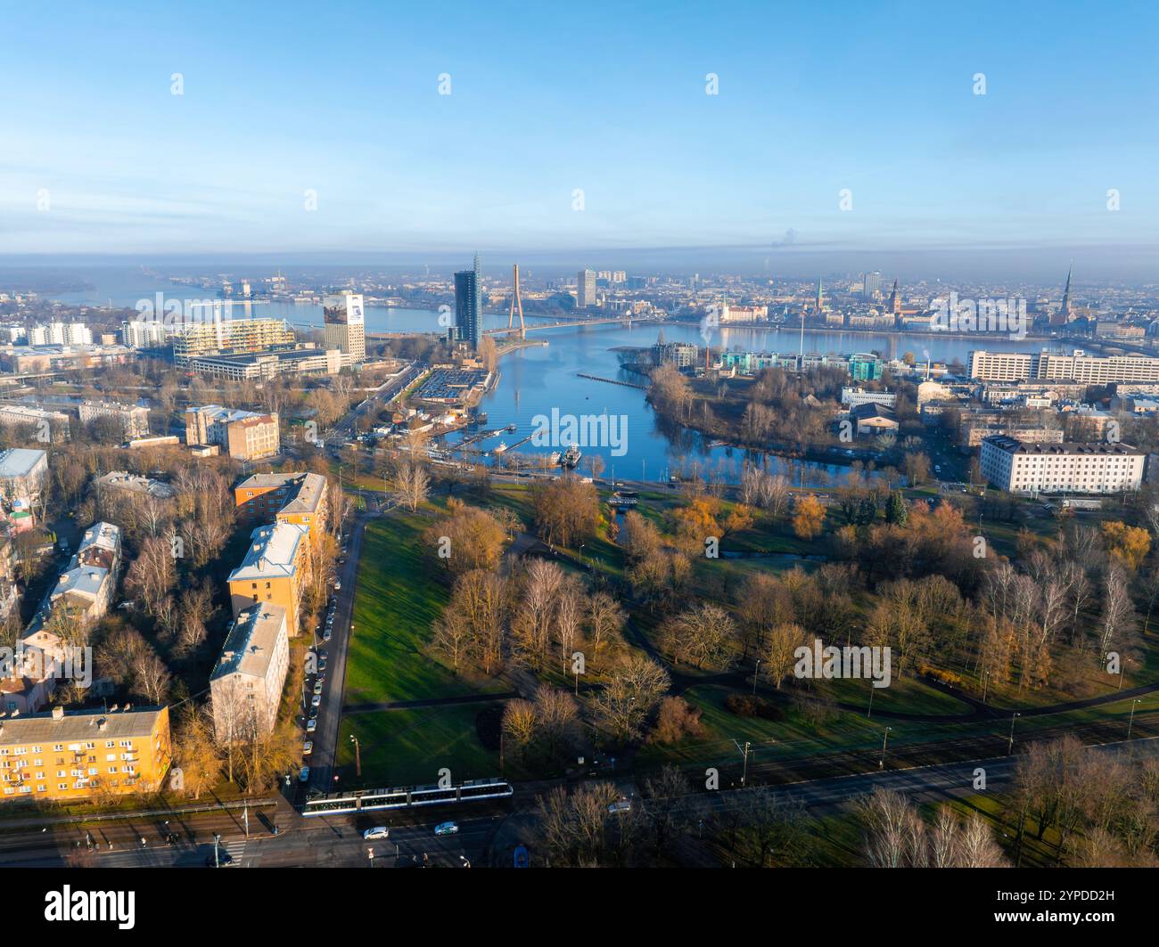 Aerial View of Riga Featuring Vansu Bridge and Daugava River Stock ...