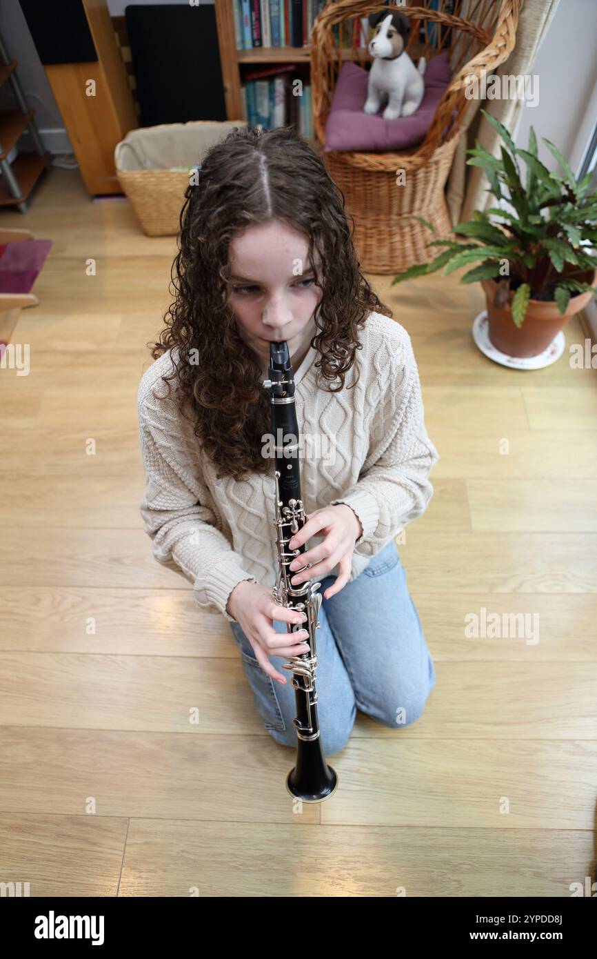 Teenage girl playing clarinet in living room Stock Photo - Alamy