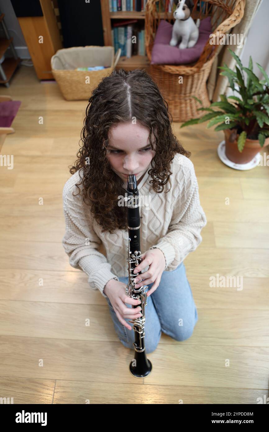 Teenage girl playing clarinet in living room Stock Photo - Alamy