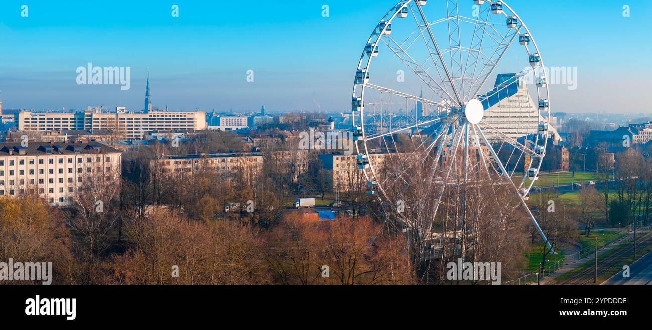 Morning Aerial View of Riga with Ferris Wheel and Old Town Skyline ...