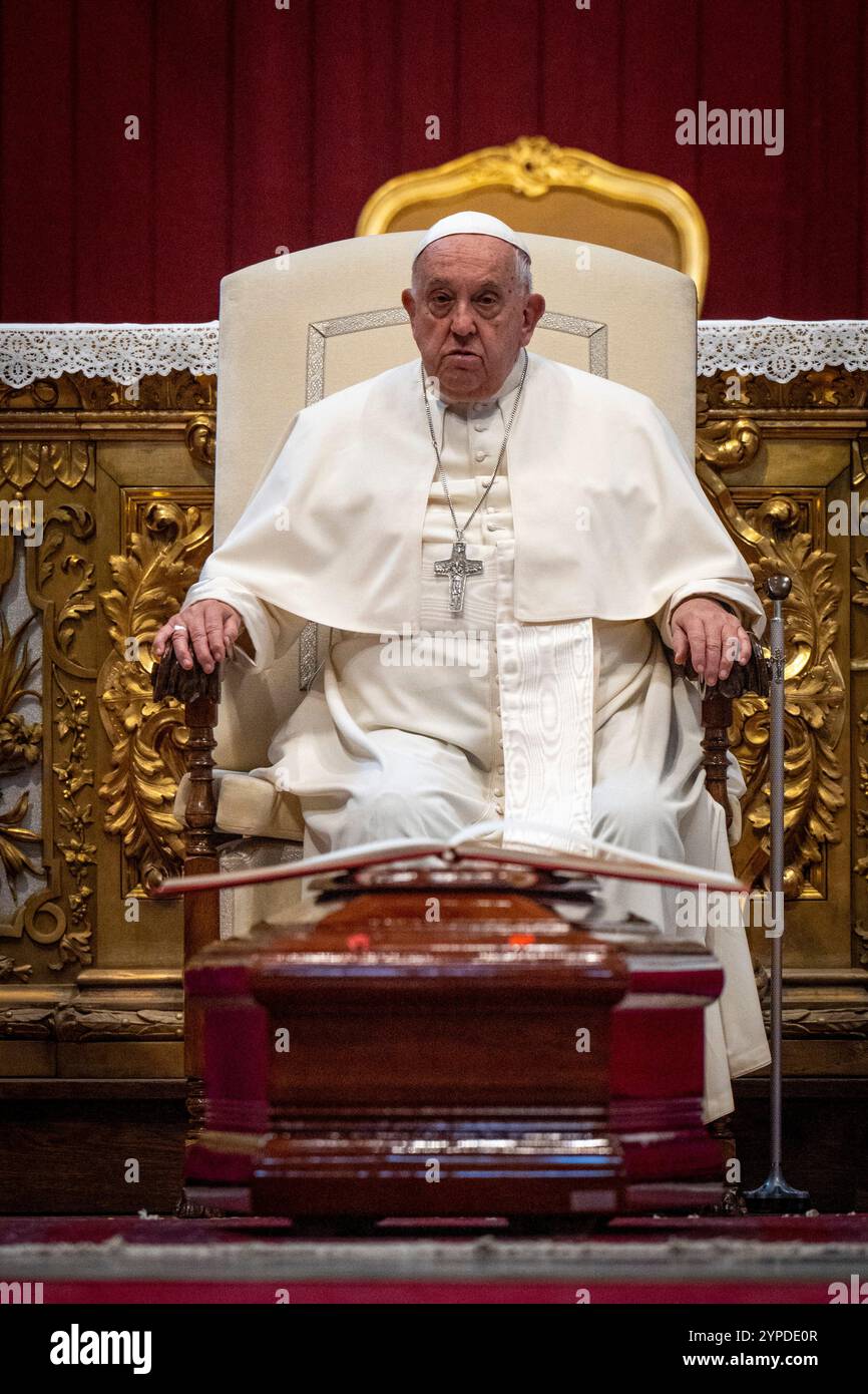 Pope Francis prays in front of the coffin of late Cardinal Miguel Ángel ...