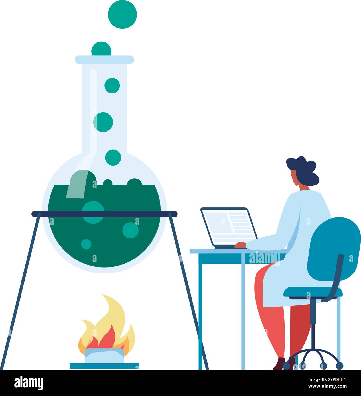 Chemical experiment boiling on fire with scientist analyzing results on ...