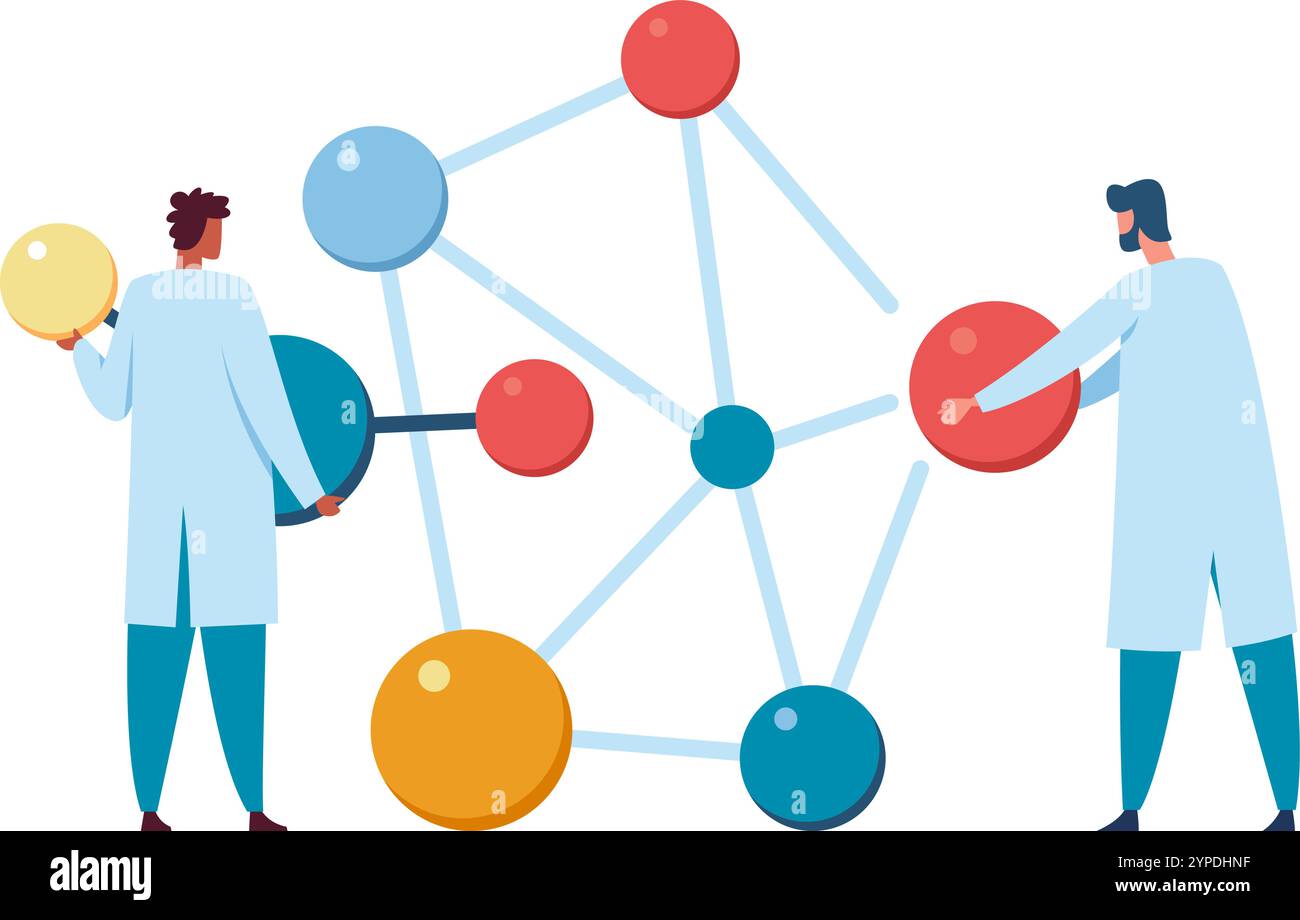 Two scientists are building a molecule model, connecting atoms and demonstrating a scientific ...