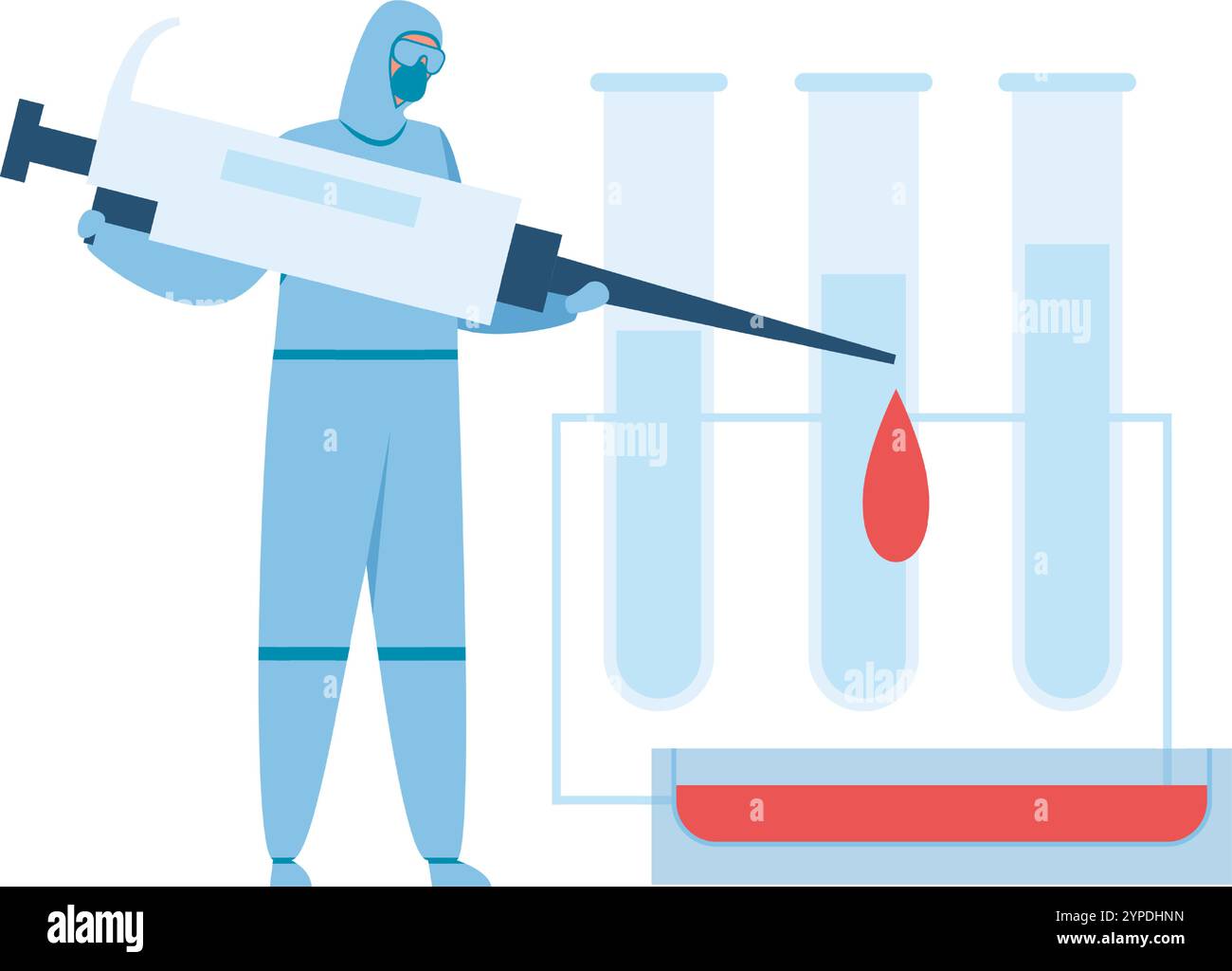 Scientist wearing hazmat suit dropping blood sample into test tube ...