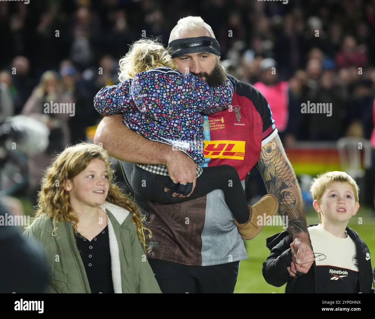 Harlequins' Joe Marler and his children walk out for his last game ...
