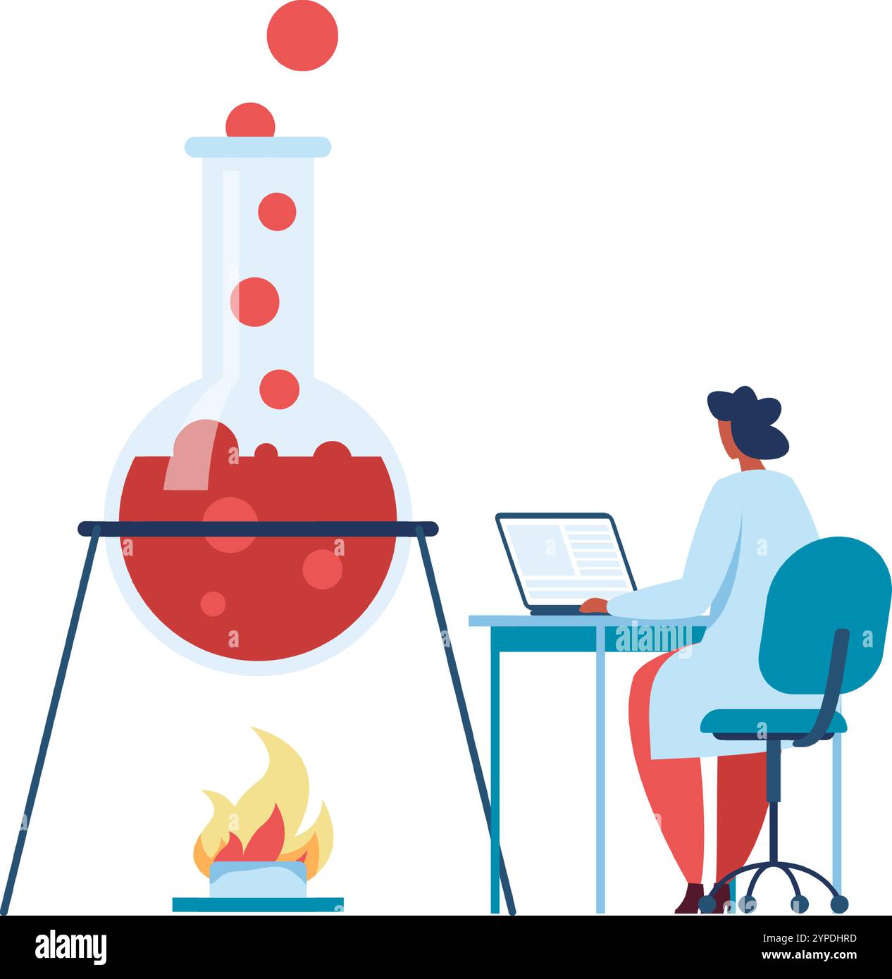 Scientist working on laptop analyzing results of chemistry experiment ...