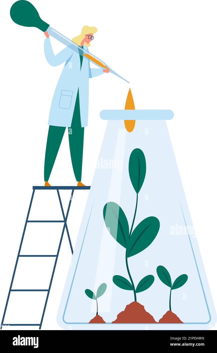 Scientist standing on a ladder adding liquid with a dropper to a beaker ...