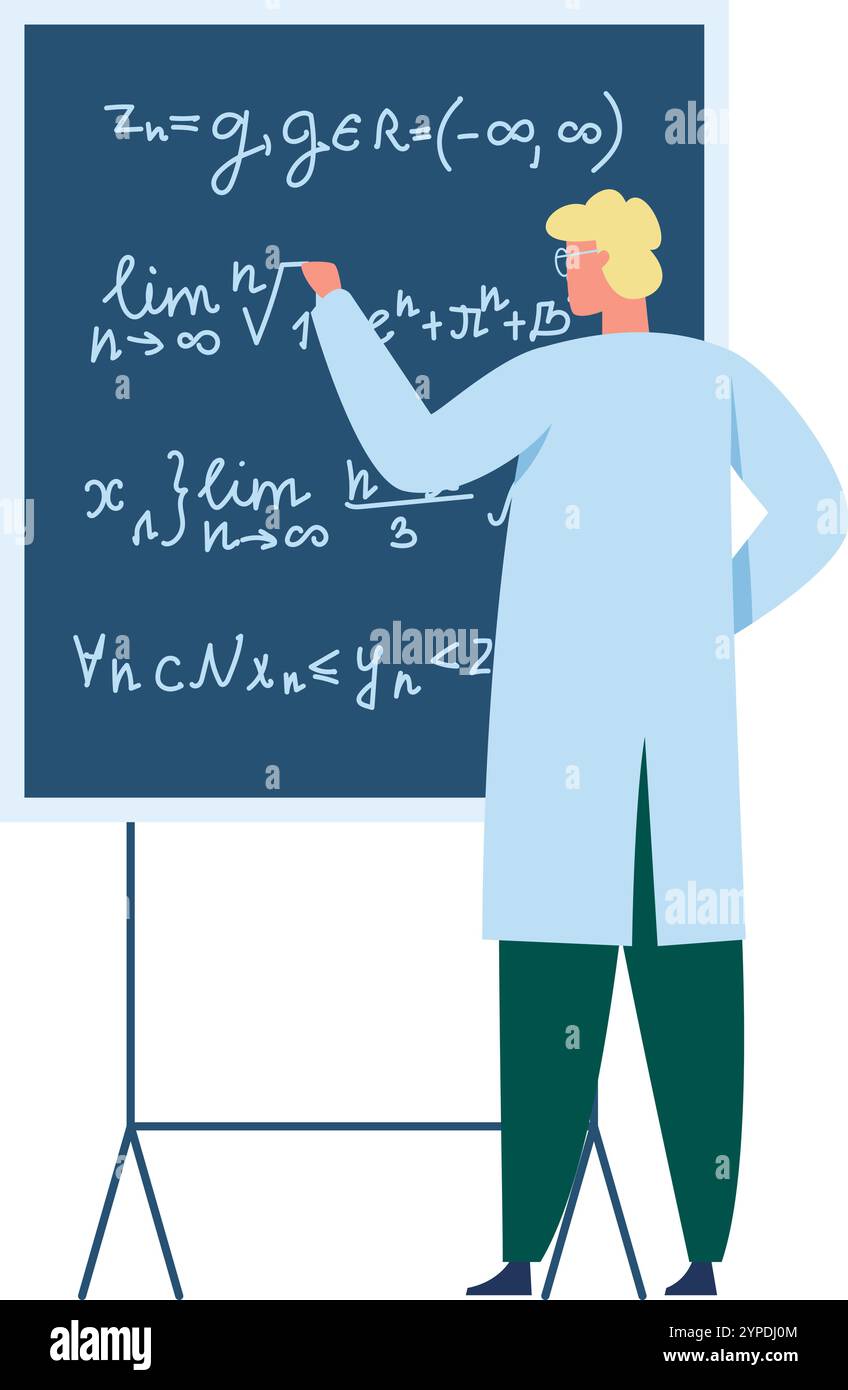 Scientist wearing lab coat and glasses writing complex mathematical ...