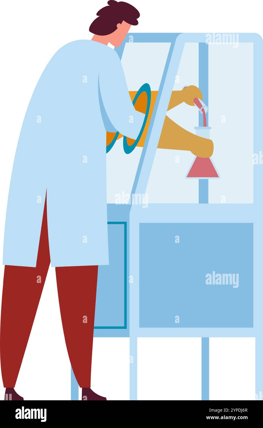 Scientist wearing lab coat pouring liquid into erlenmeyer flask performing experiment in ...