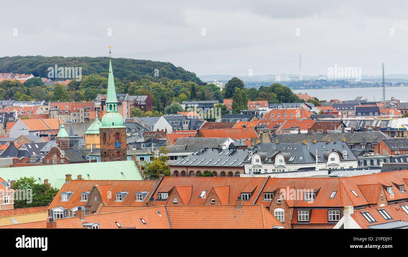 Aerial view of Aarhus, Denmark, showing traditional red roofs, the ...