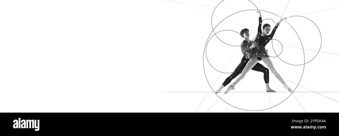 Banner. Cotemporary art collage. Two ballet dancers create synchronized ...