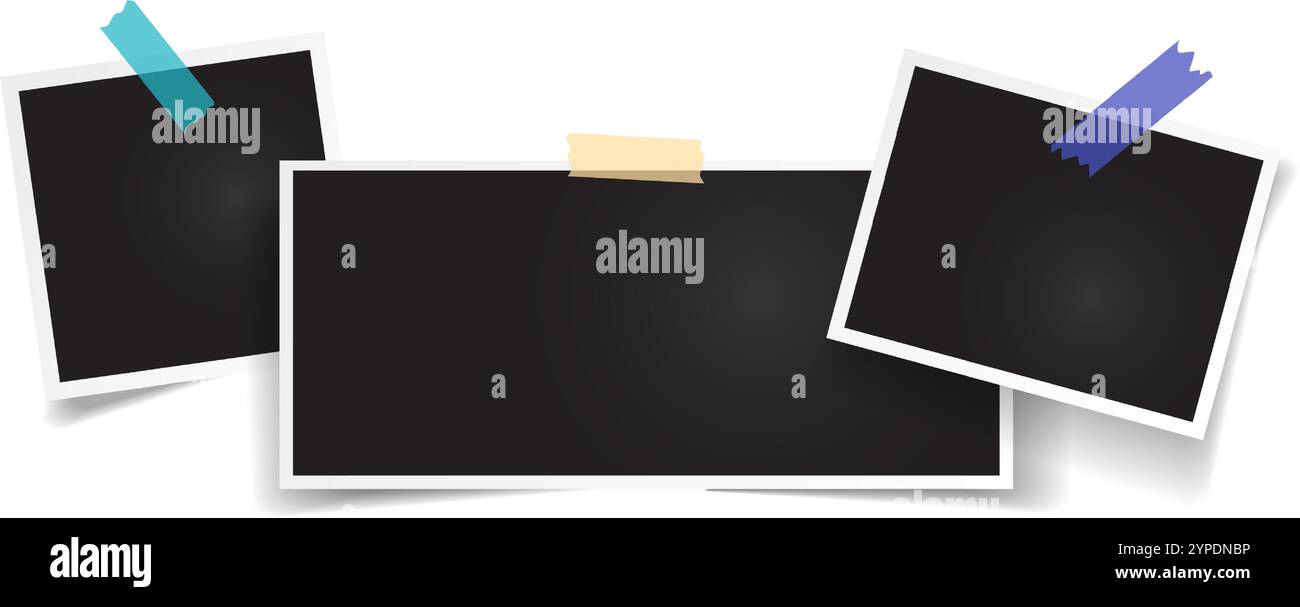 Realistic vector illustration of three blank photo frames attached with ...