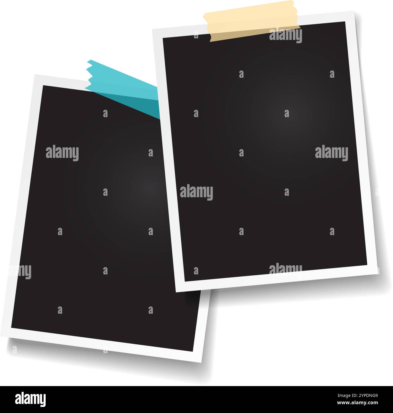 Two blank instant photo prints are attached with adhesive tape to a ...