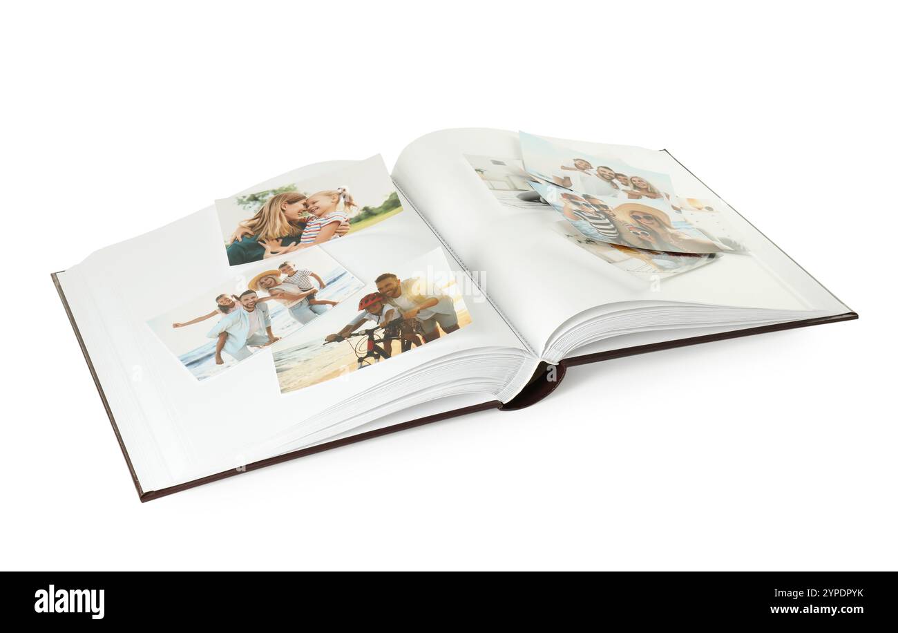 Open photo album with different photos isolated on white Stock Photo ...