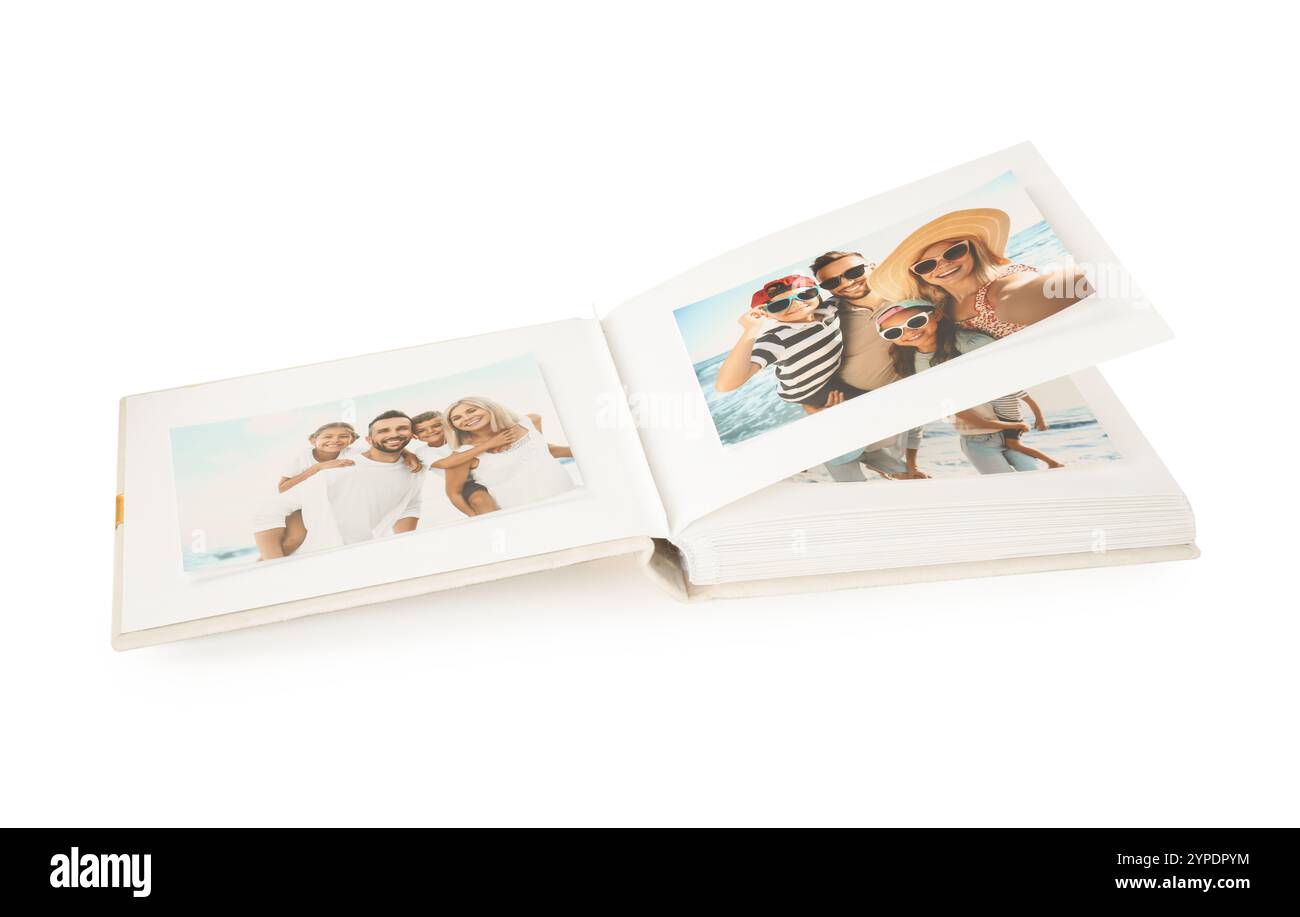 Open photo album with different photos isolated on white Stock Photo ...