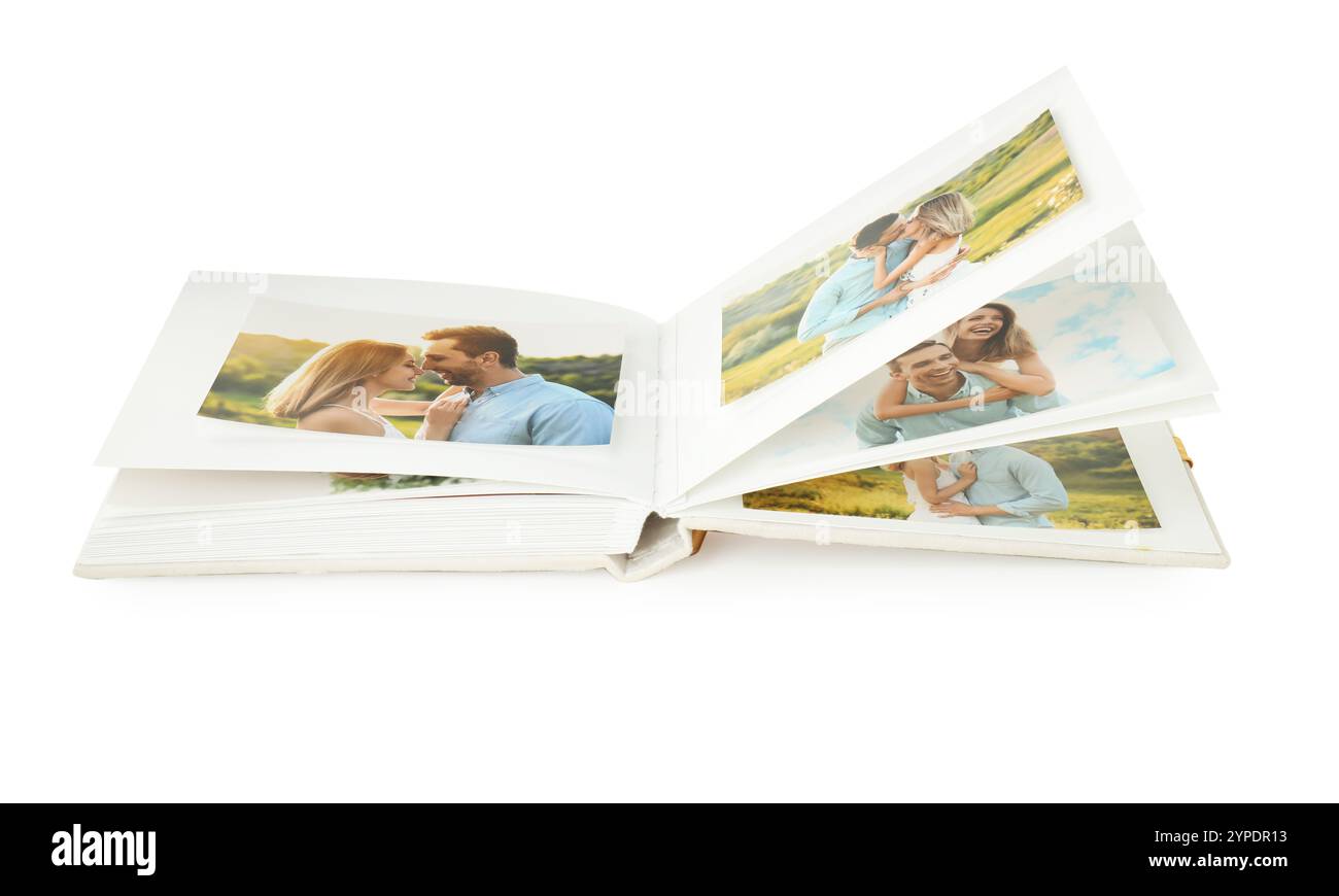 Open photo album with different photos isolated on white Stock Photo ...