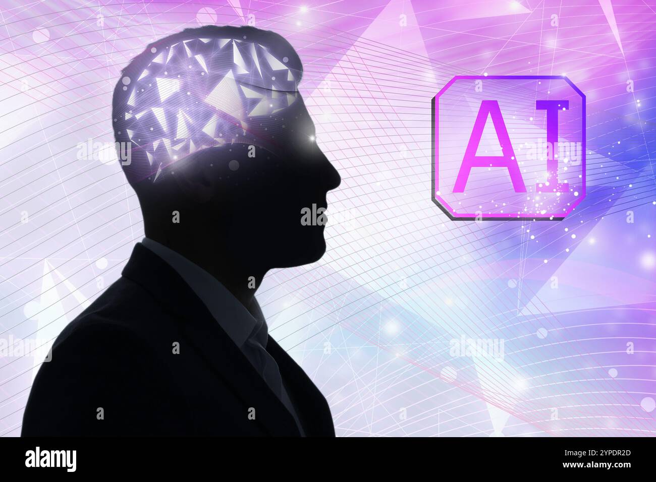 Artificial intelligence. Man with illustration of glowing brain and AI ...
