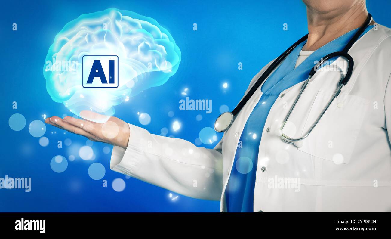 Artificial intelligence. Health worker holding virtual brain with AI ...