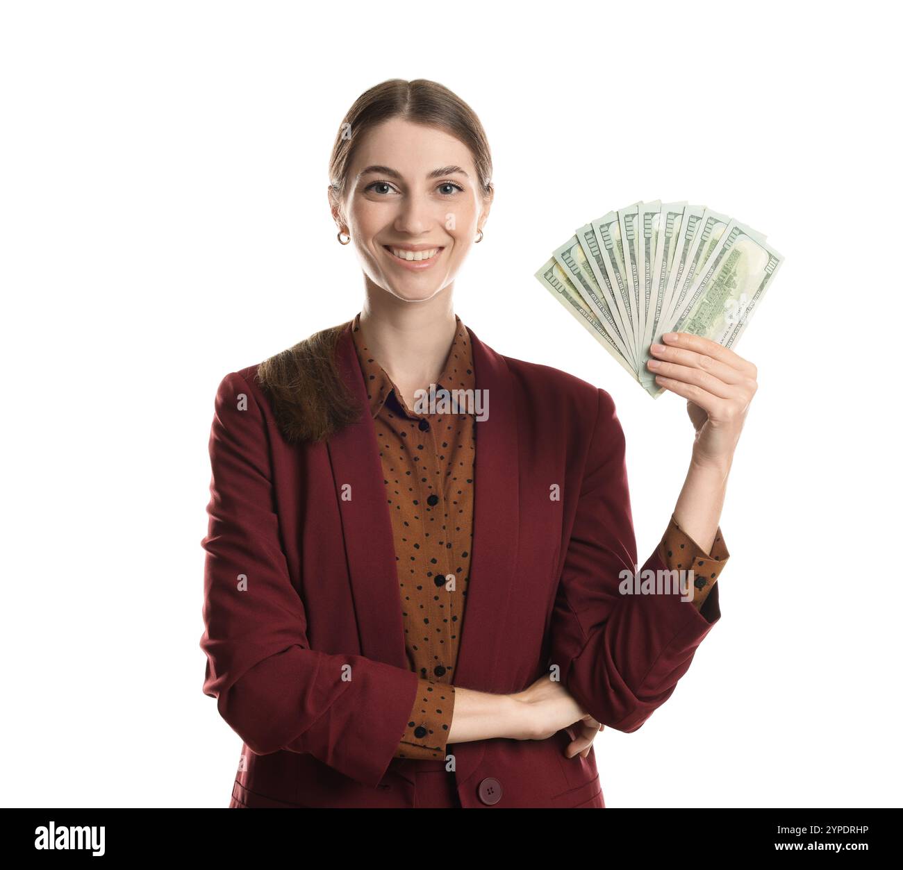 Portrait of banker with dollar banknotes on white background Stock ...