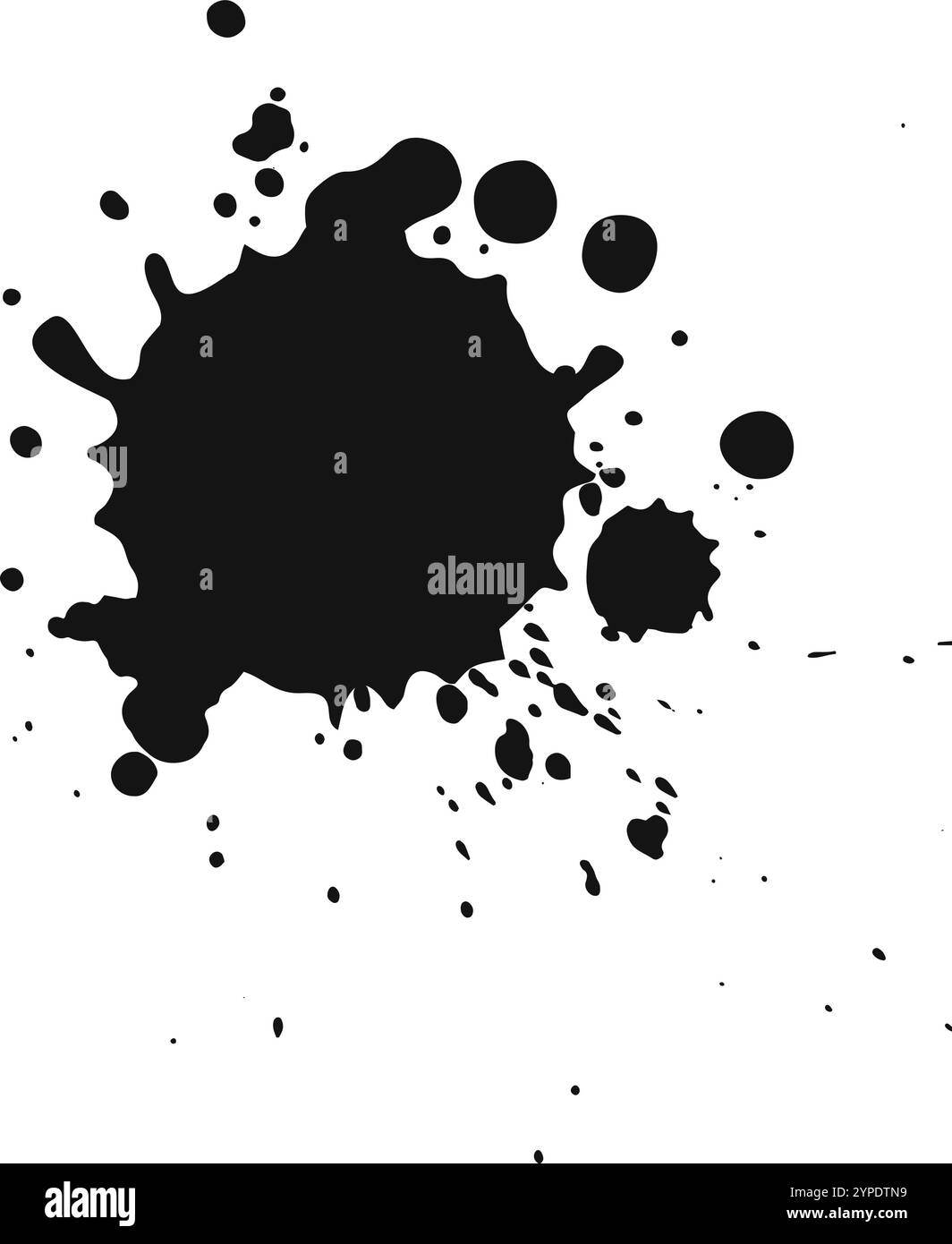 Black ink splatters on white background, creating abstract shape with ...