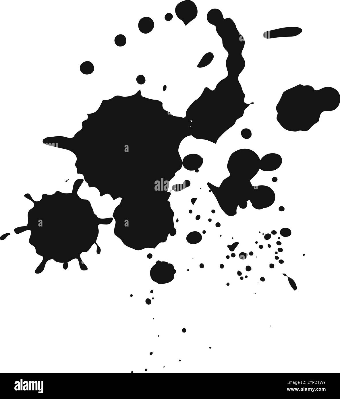 Black ink splatters and drips create abstract shapes and textures on a ...