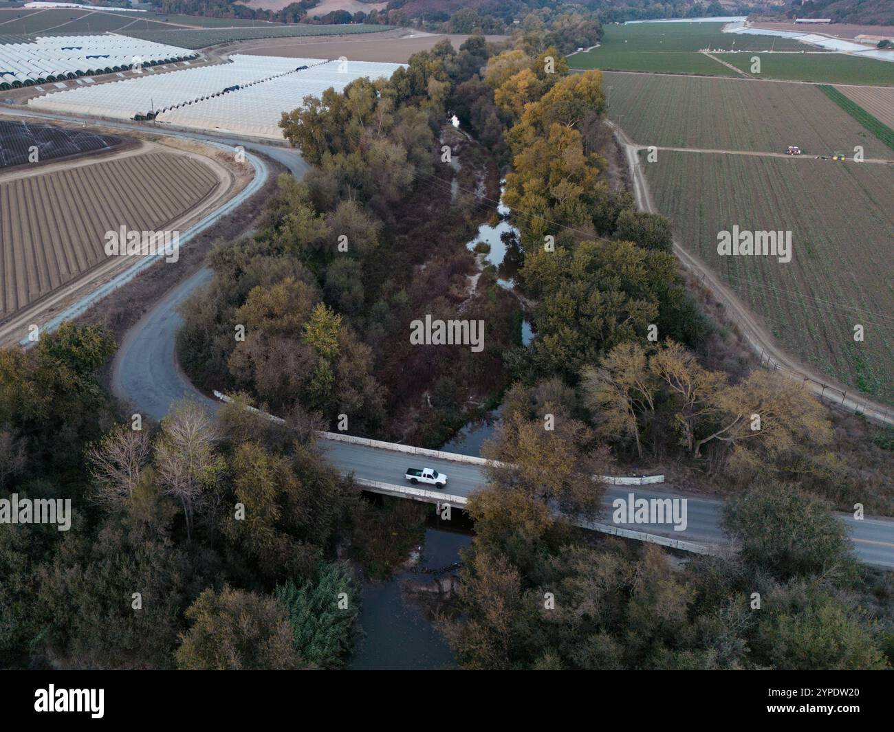 An aerial view of the Pajaro river and the agricultural fields ...
