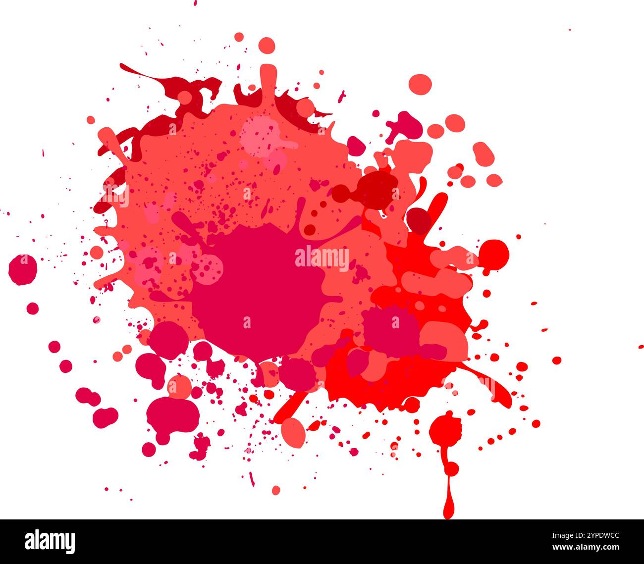 Red and pink paint is splattered across a white background, creating an ...