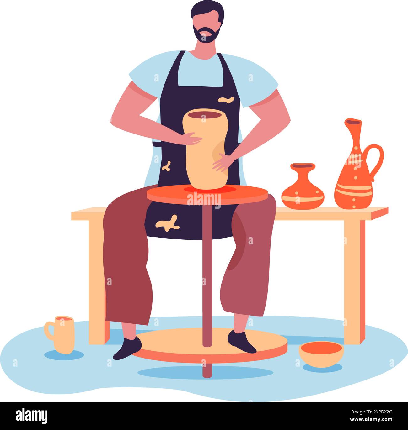 Male potter making ceramic pot on pottery wheel, surrounded by finished ...