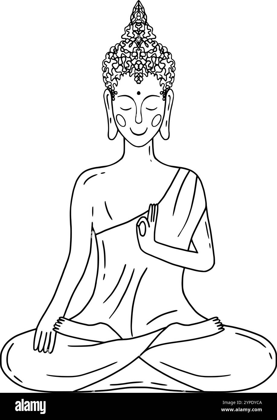 This artwork shows a calming line art illustration of a Buddha statue ...