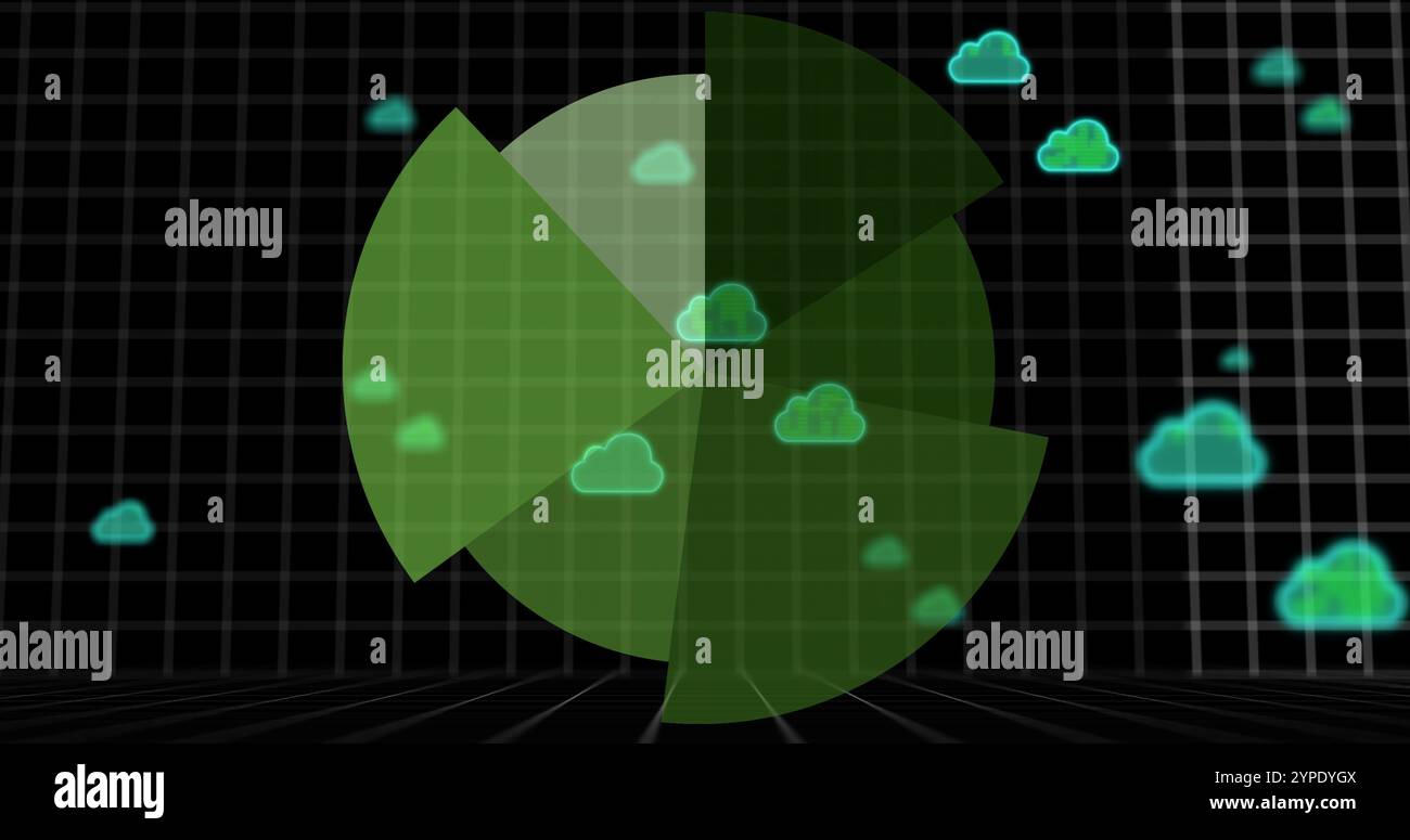 Green radar image with cloud icons over grid background. Technology ...